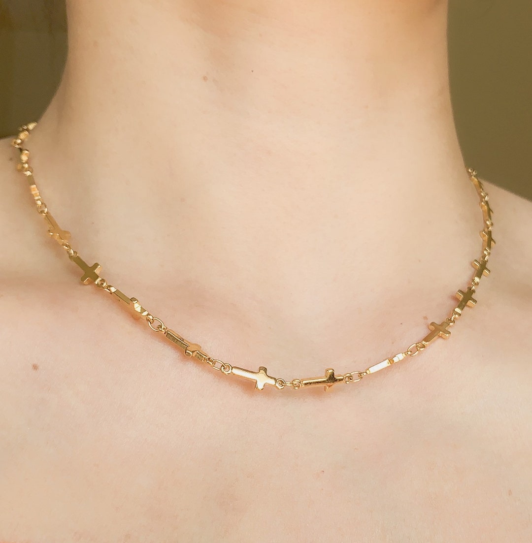 Skinny Thick Cross Chain, Gold Cross Bracelet, Finished Chain, Layering ...