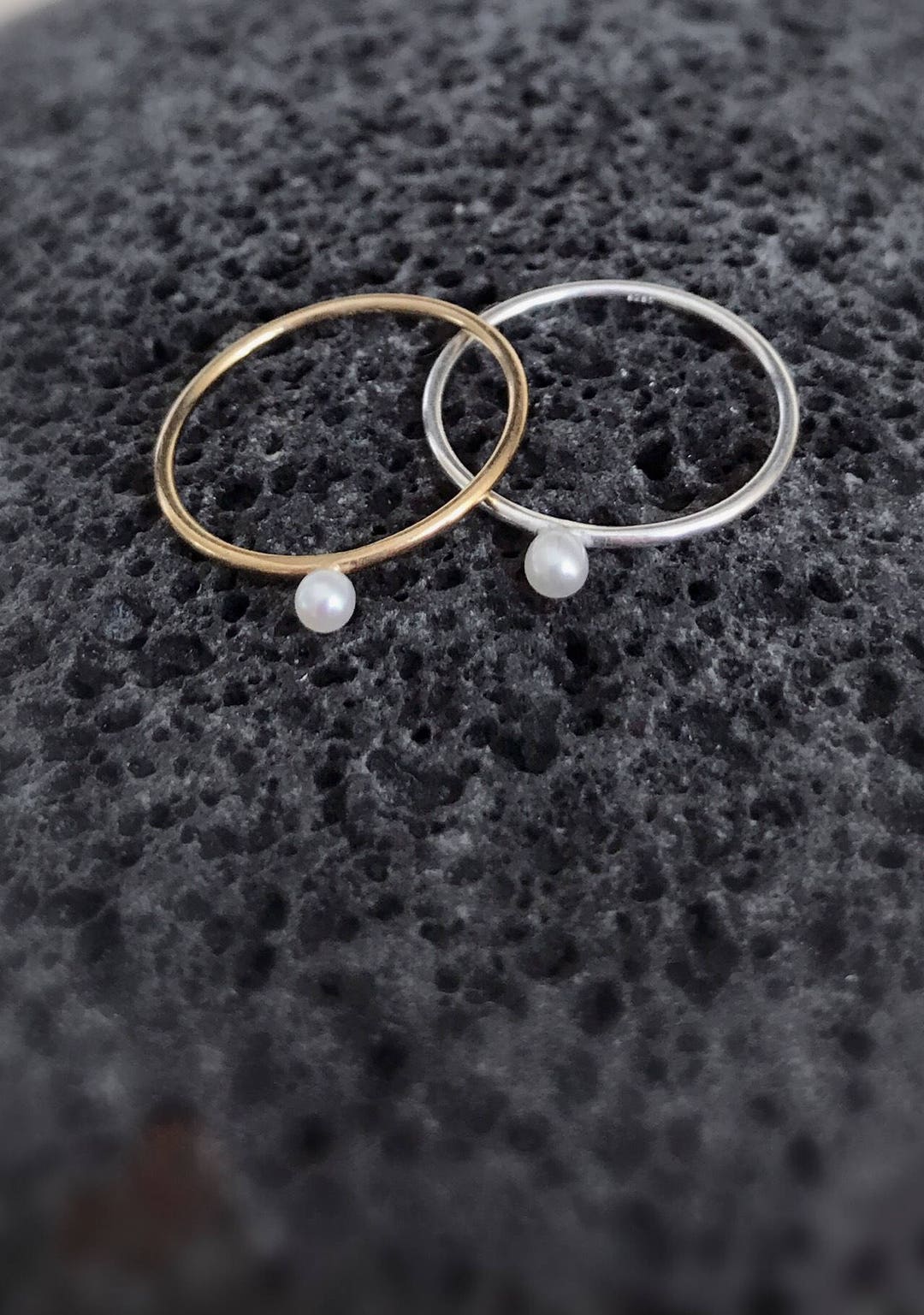 Petite Tiny White Pearl Ring, Minimalist Ring, Stackable Ring, Thin Gold, Sterling Silver ...