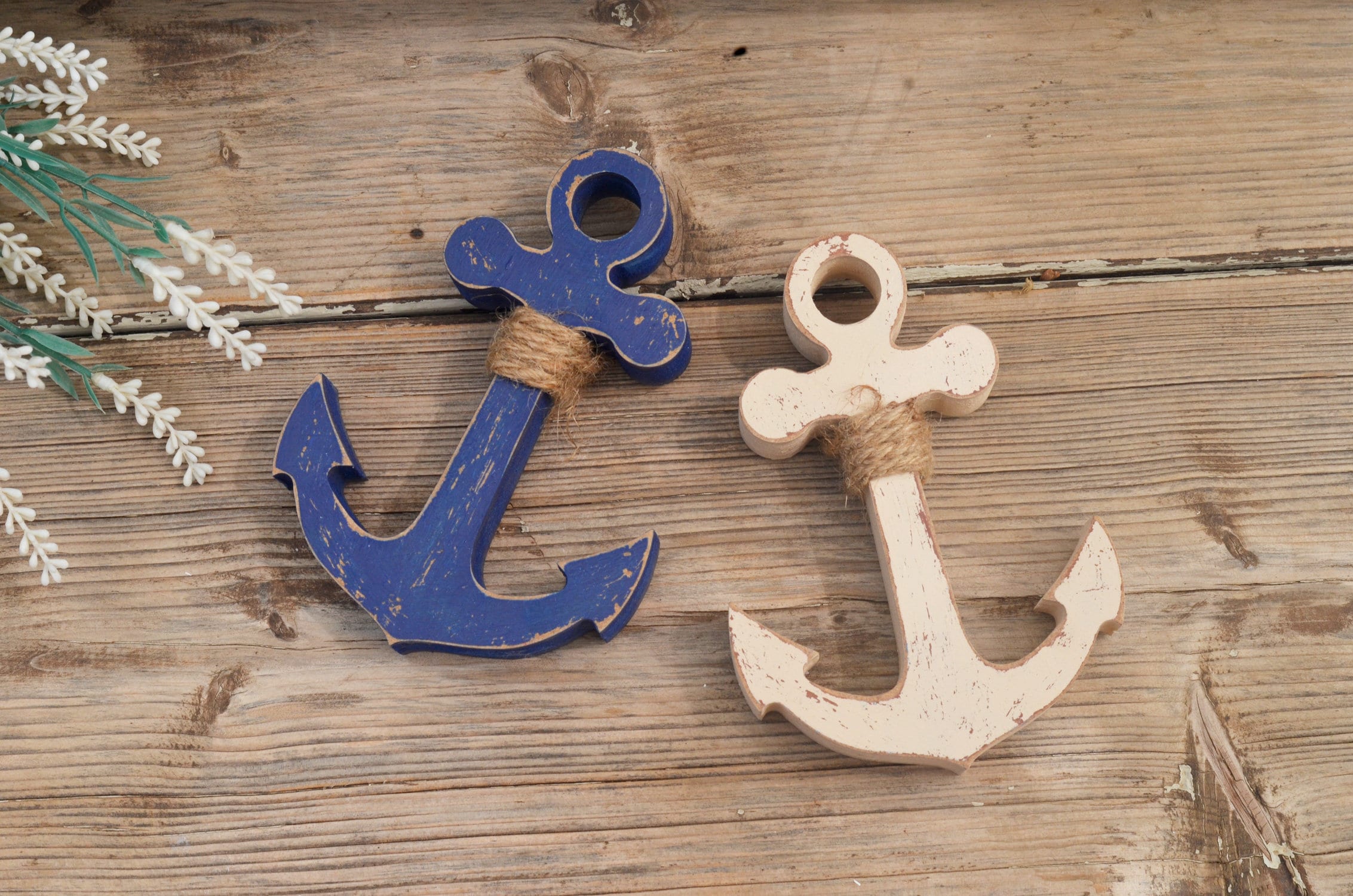 Freestanding 2 Wood Anchors Set, Rustic Painted Nautical Home Decor ...