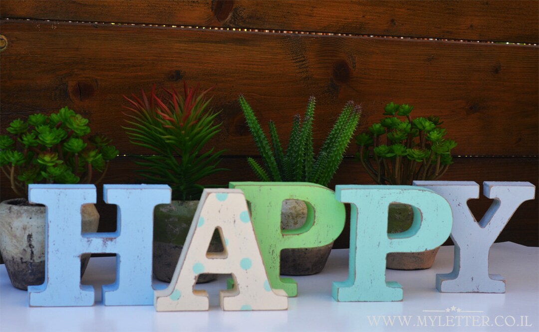 HAPPY Free Standing Wooden Letters | Nursery Letters | Shelf ...