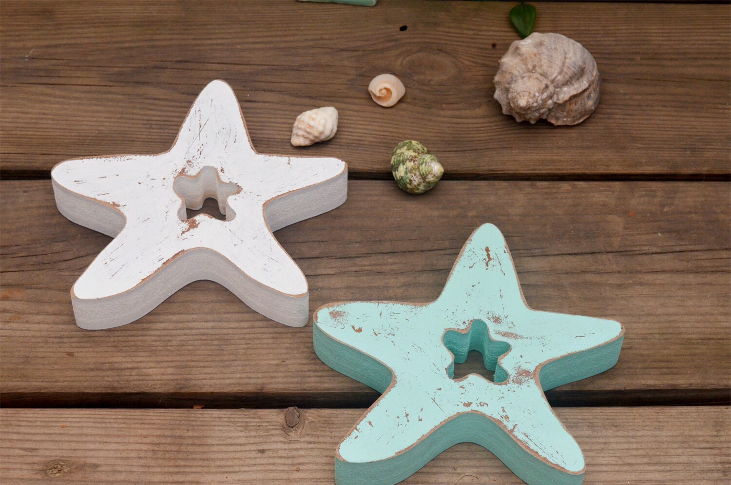 Starfish decor set rustic wood starfish art Beach House | Etsy