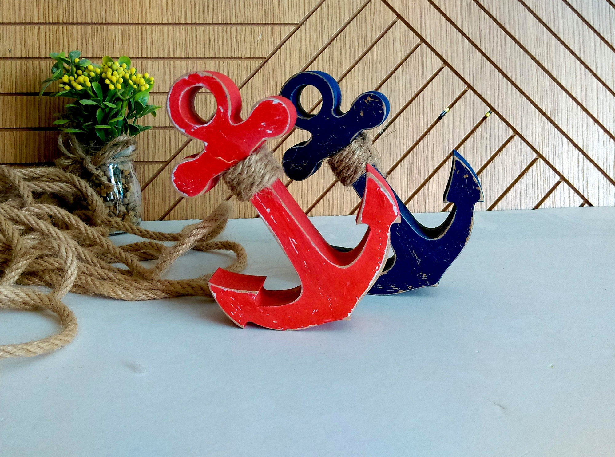 Freestanding 2 Wood Anchors Set Rustic Painted Nautical Home - Etsy