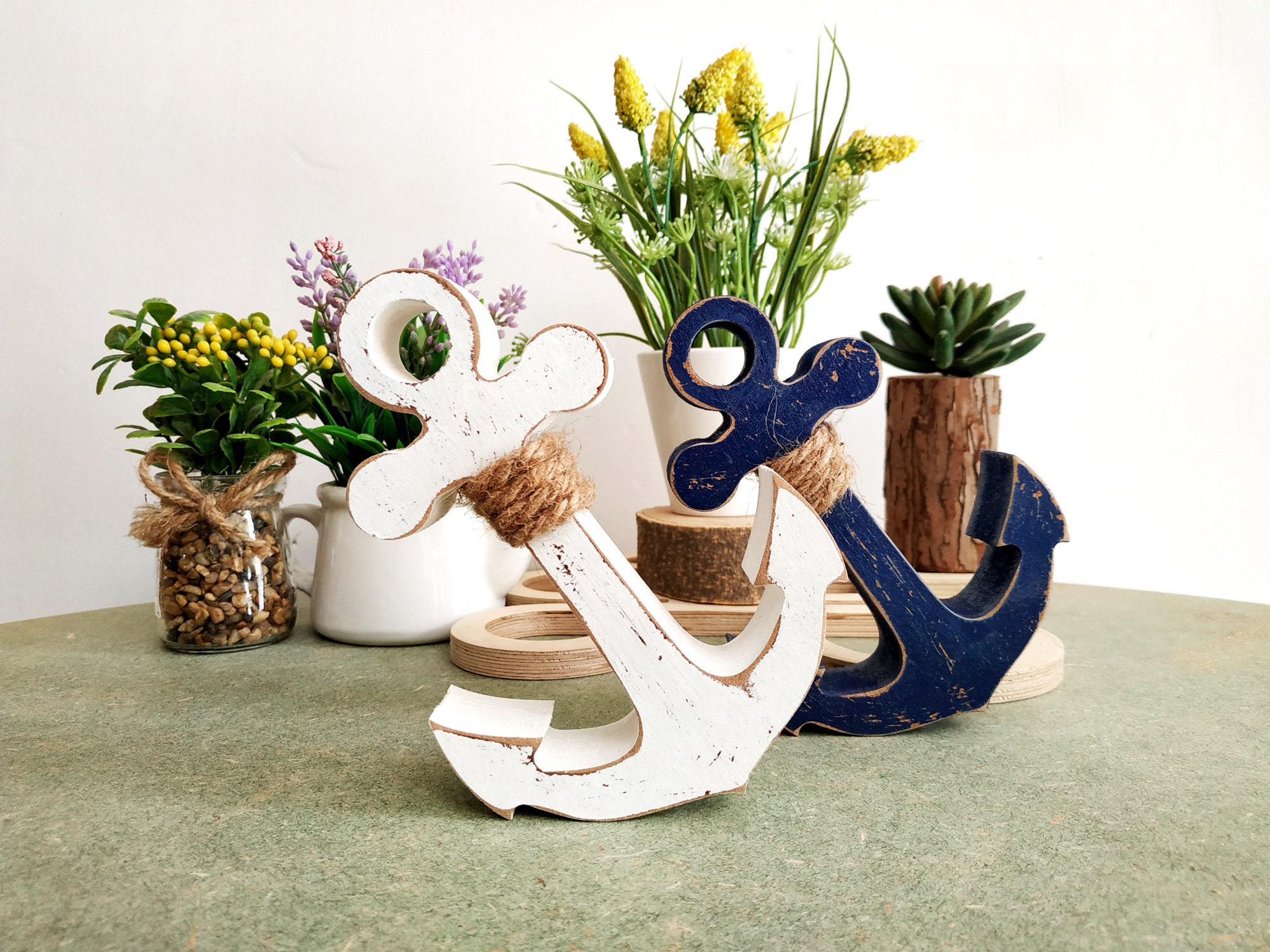 Freestanding 2 Wood Anchors Set Rustic Painted Nautical Home - Etsy