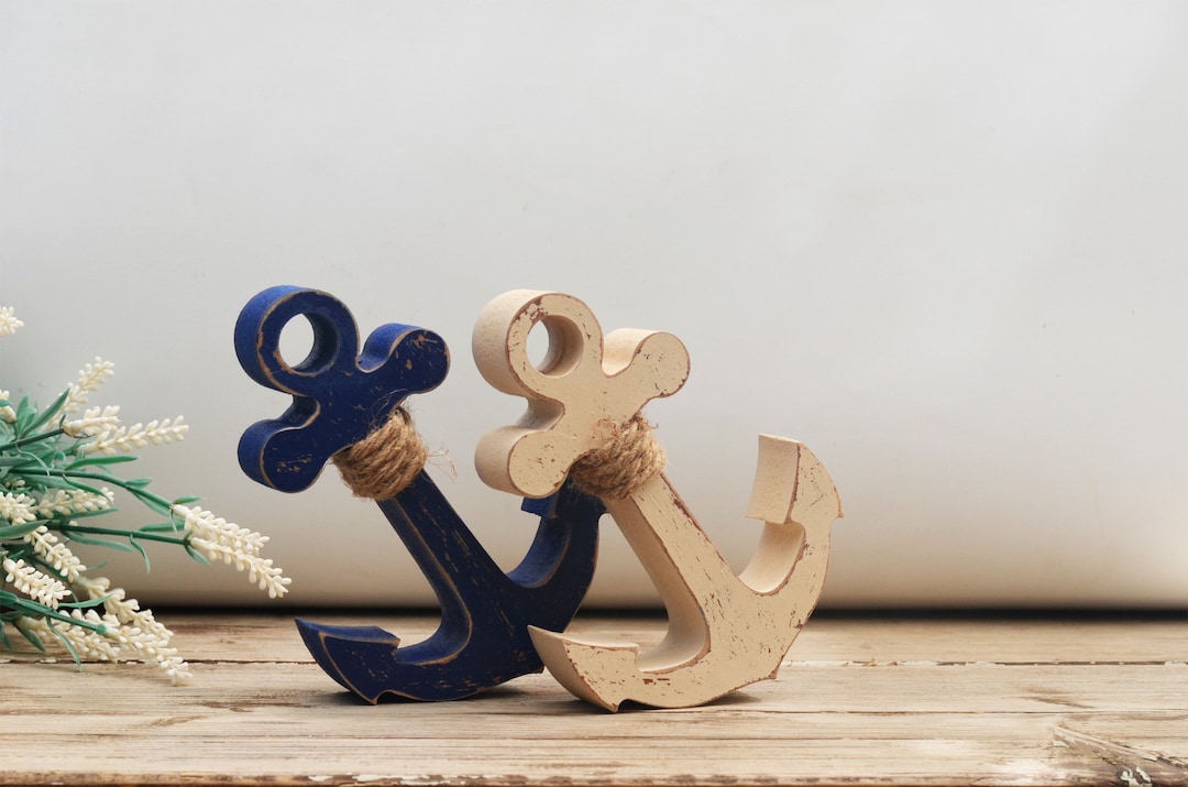 Freestanding 2 Wood Anchors Set, Rustic Painted Nautical Home Decor ...