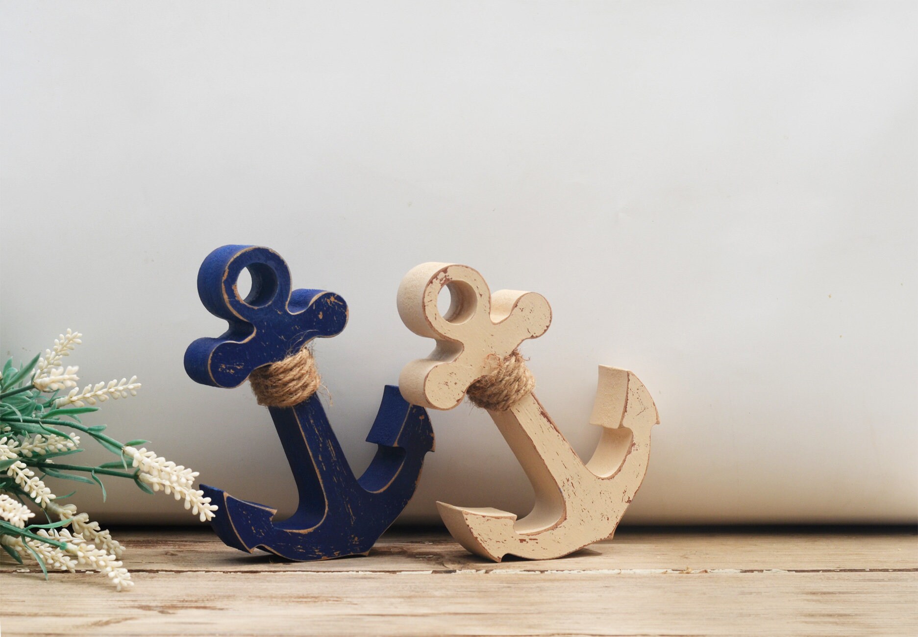 Freestanding 2 wood anchors set Rustic painted Nautical home | Etsy