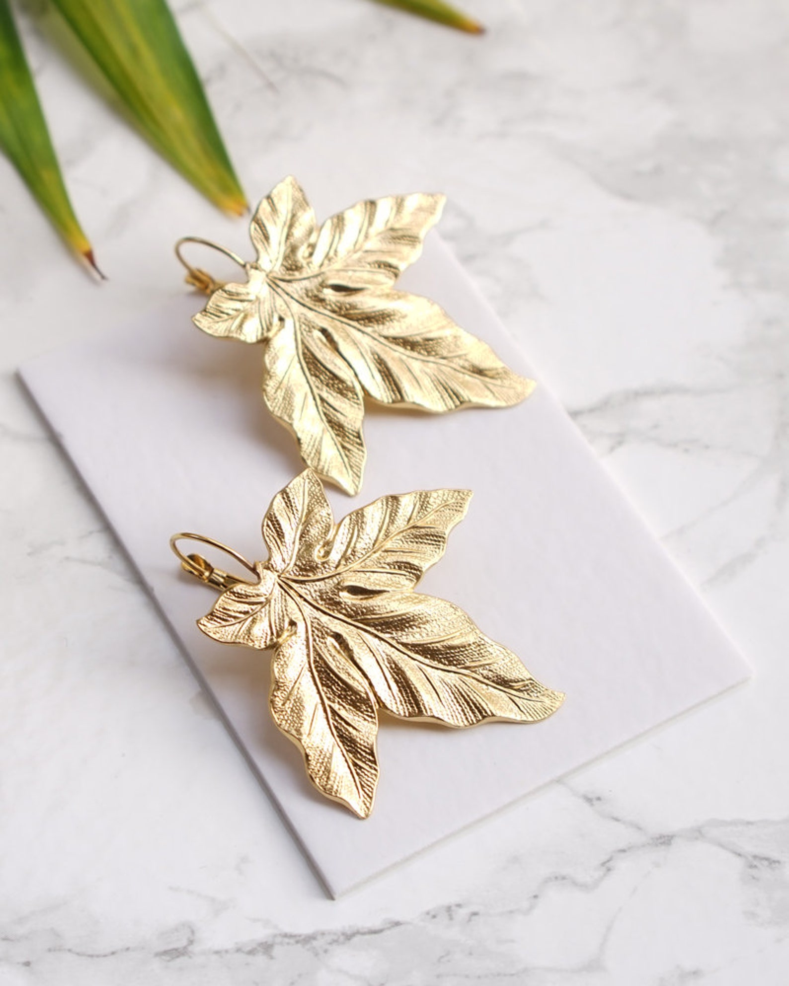 Leaf Earrings, Gold Earrings, Gold Leaf Earrings, Gold Lead Earrings ...