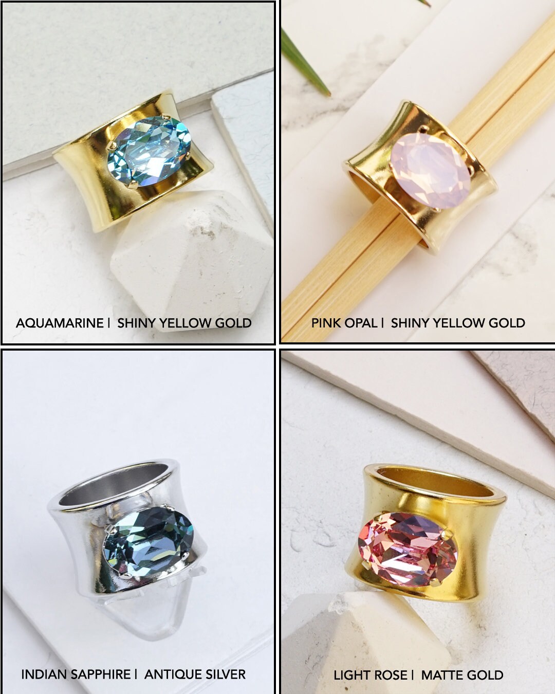 Gold Wide Rings for Women, Oval Blue Crystal Rings, Thick Rings, Blue ...