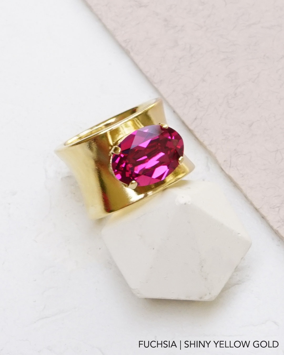 Fuchsia Ring for Women, Unique Crystal Ring, Gold Wide Band Ring ...