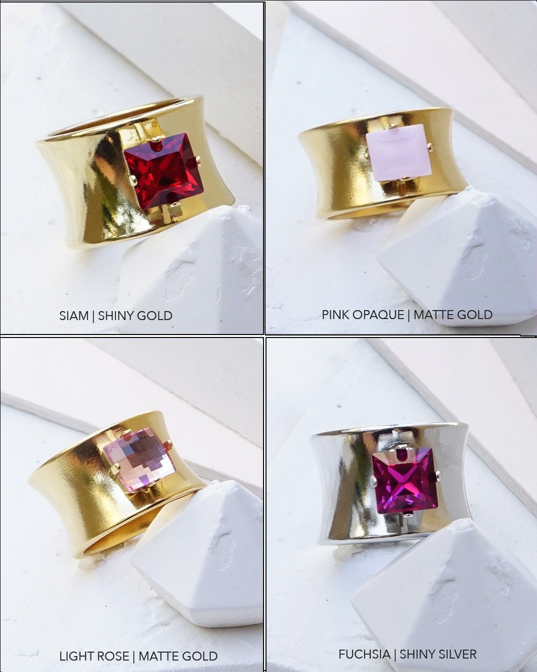 Red Stone Rings, Siam Stone Ring, Red Stone Wide Rings, Gold, Chunky Ring, Stacking, Square ...
