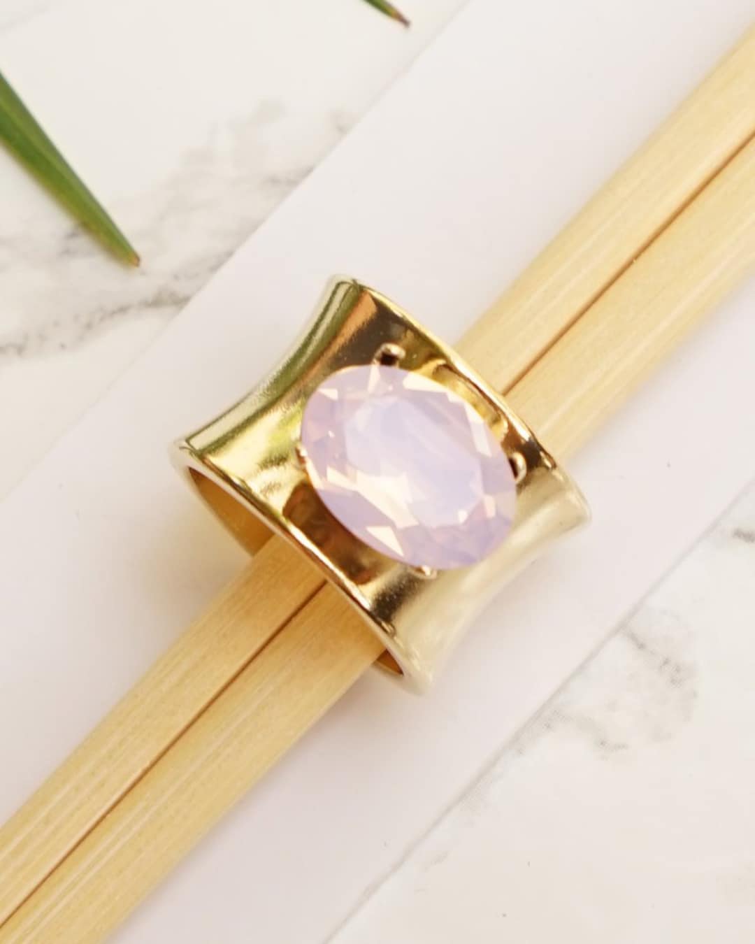 Crystal Rings for Women, Pink Ring, Gold Wide Band Ring, Oval Statement ...