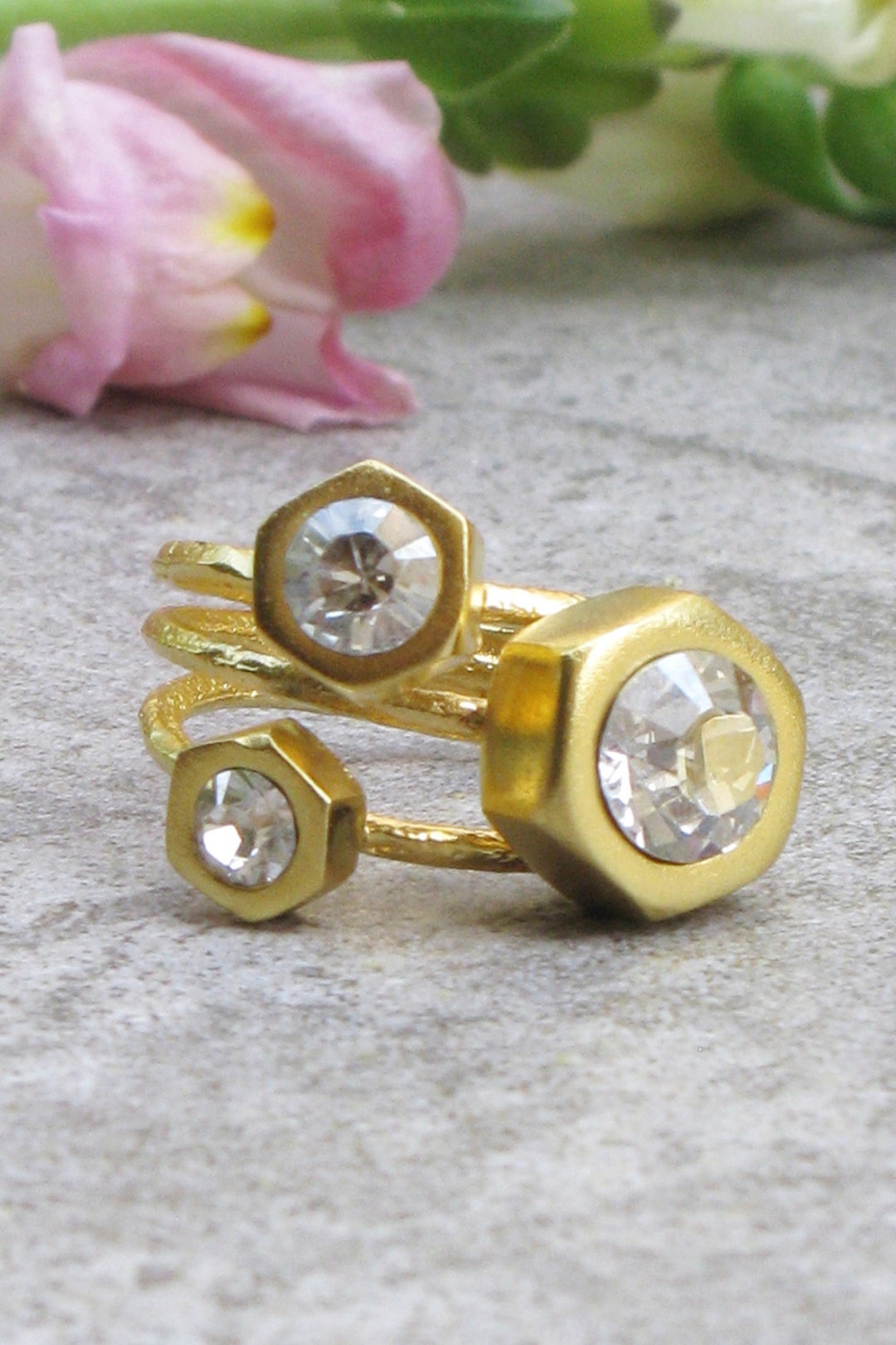 Modern Crystal Ring, Triple Crystal Rings for Women, Gold Statement ...