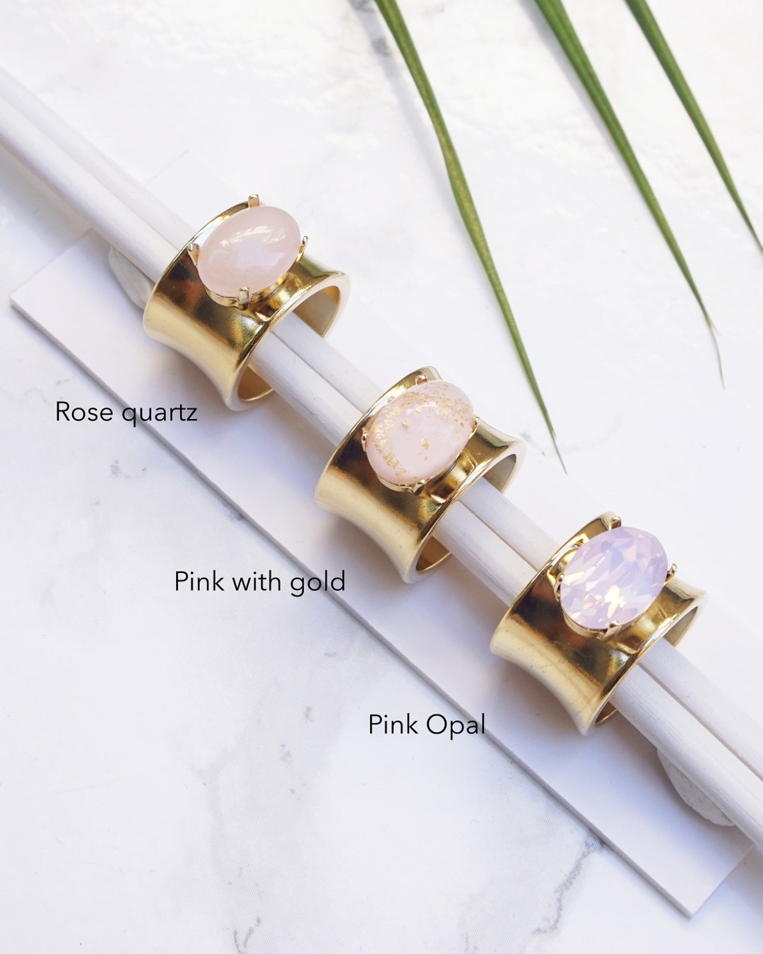 Pink Stone Ring, Wide Gold Rings for Women, Rose Quartz Ring, Gold ...
