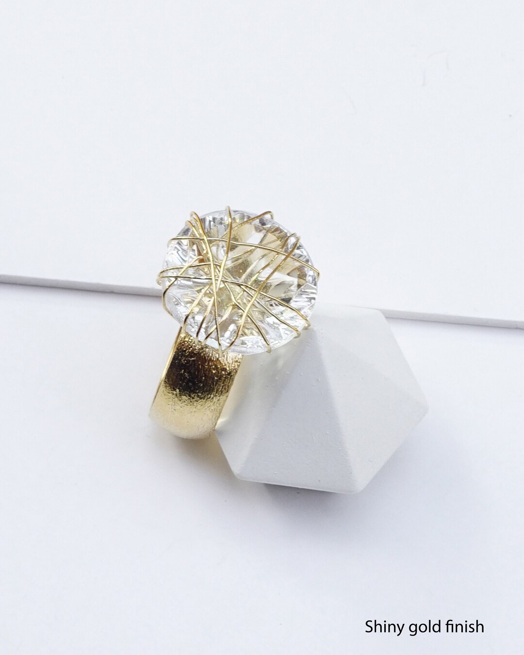 Clear Crystal Stone Rings for Woman, Modern Ring, Gold Cocktail Ring ...