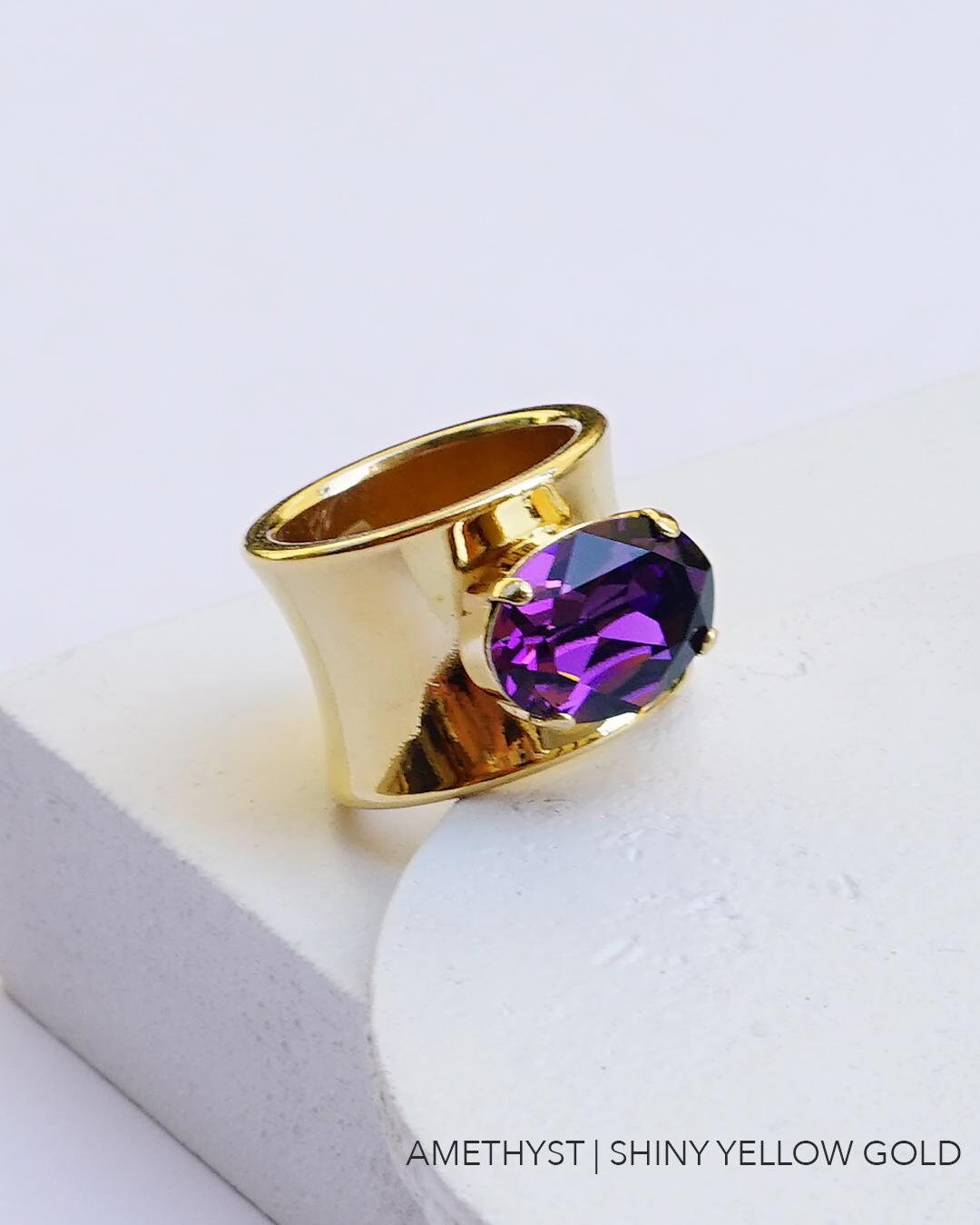 Crystal Ring for Women, Pink Crystal Ring, Gold Wide Band Ring ...