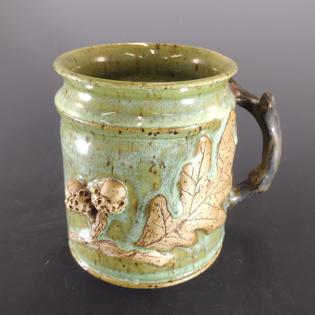 Stoneware Native Oak Leaf Mug W Branch Handle. Wheel Thrown, Warm Green ...