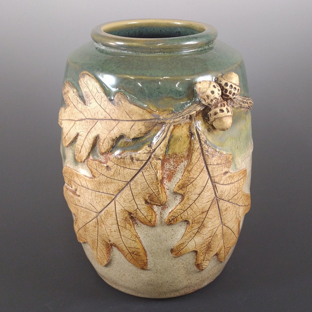 Stoneware Native Oak Leaf & Acorns Vase. Wheel Thrown, Appalachian Folk ...