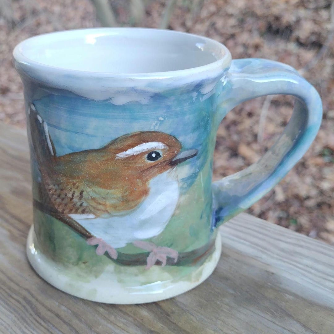 Stoneware Mug. Hand Painted Carolina Wren, Wheel Thrown, Appalachian ...