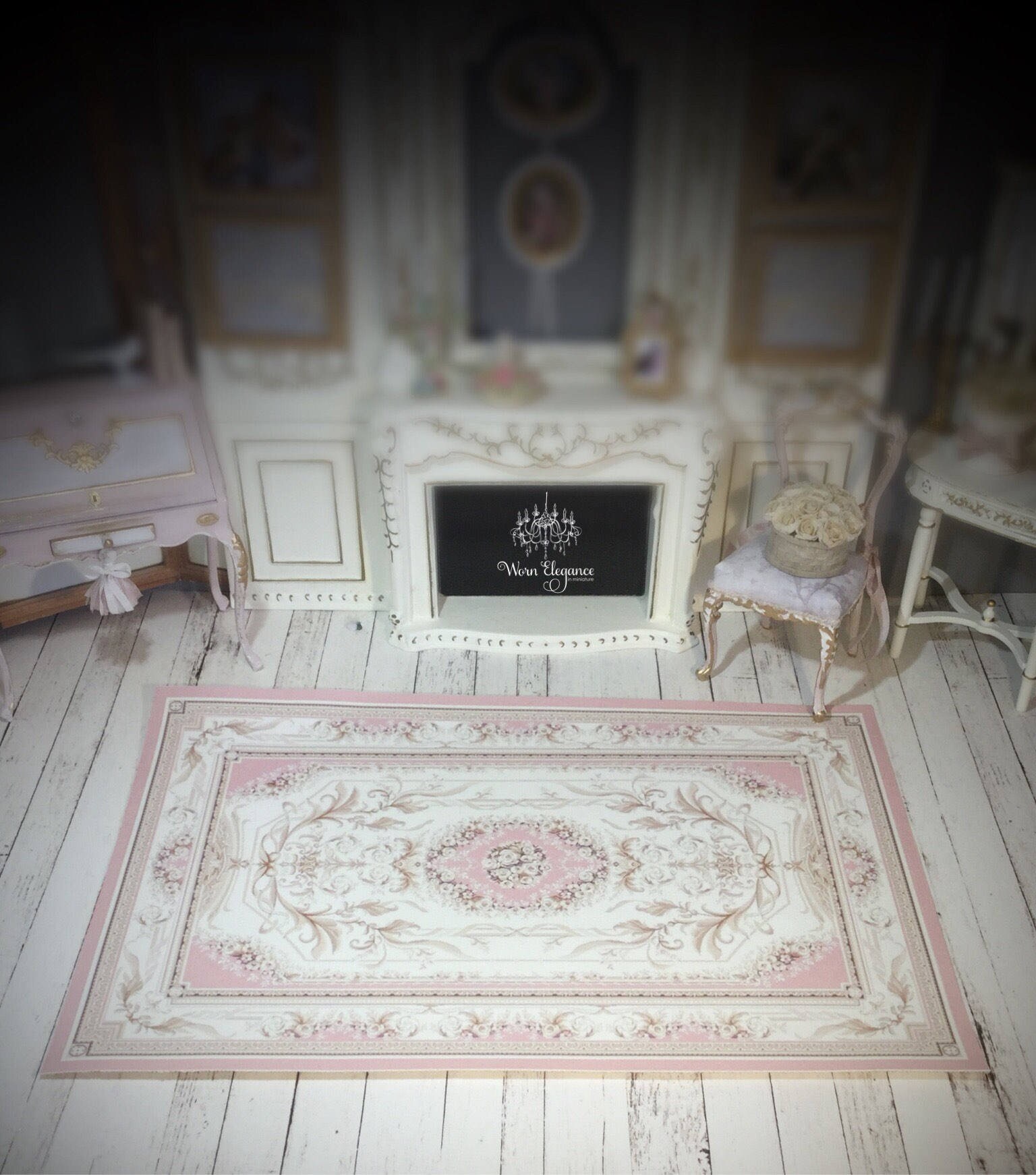 Dollhouse Miniature Rug #52, 1:12, Light Pink, Ivory and Tan, Floor Rug ...