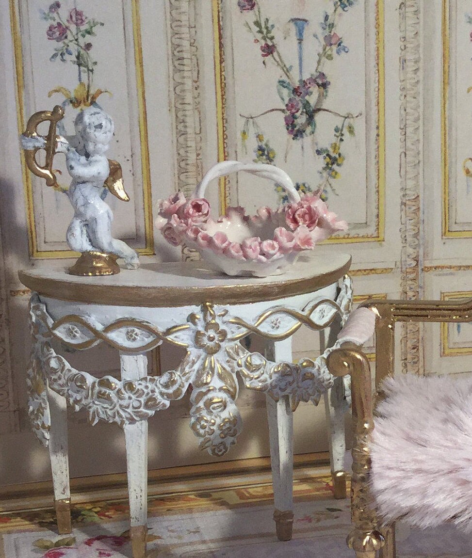 Dollhouse Miniatures Artisan Porcelain Sculpture Basket with Pink Roses ...