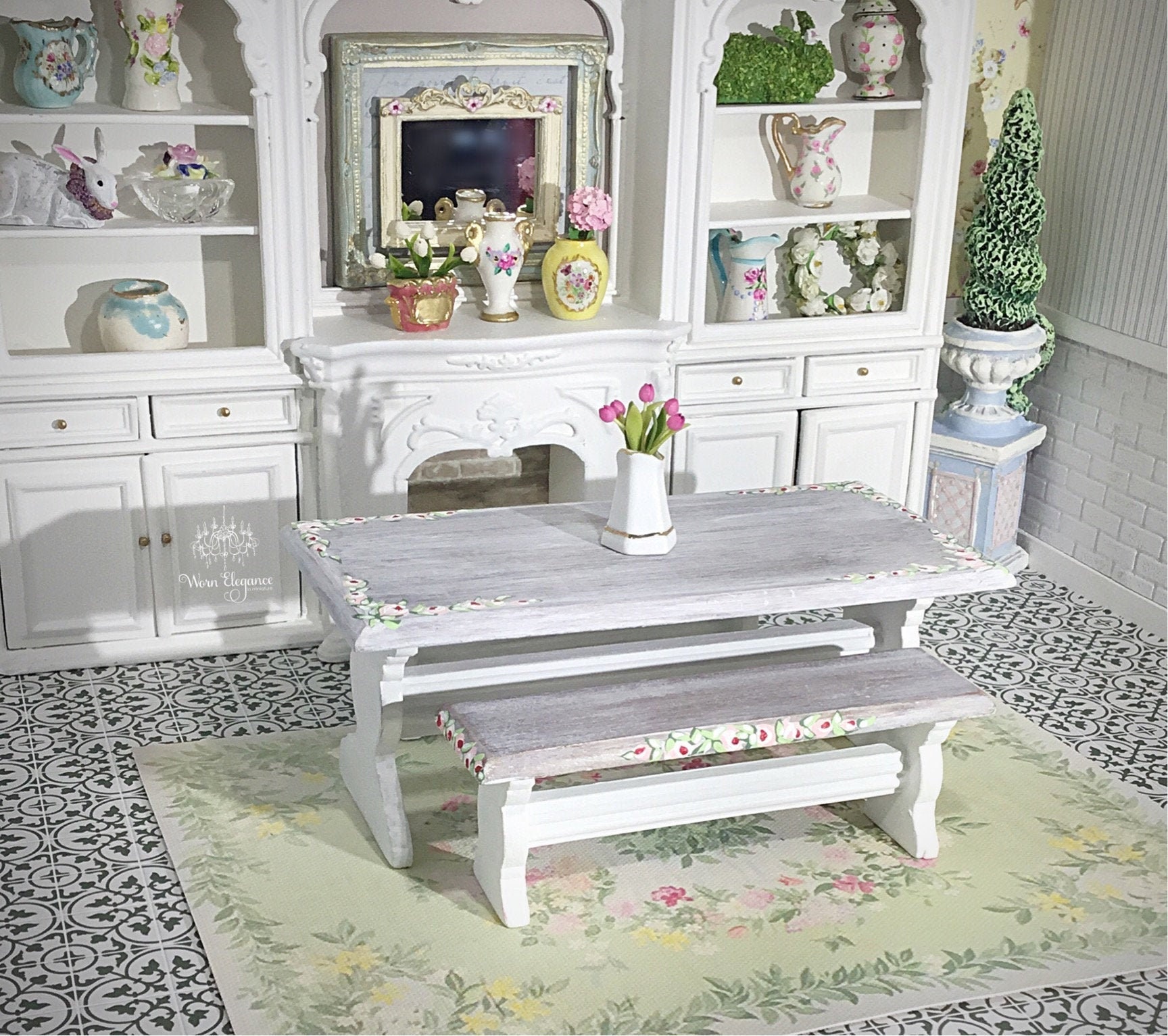 Dollhouse 3Pc Set, 1:12, Farmhouse Dining Table w/ 2 Benches, Hand ...