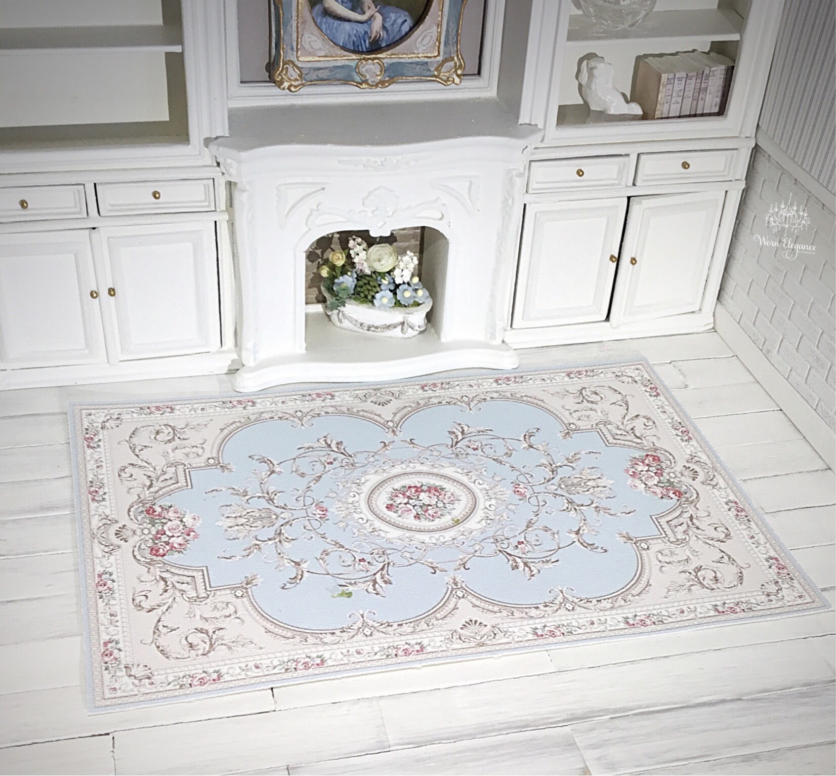 Dollhouse Rug #24, 1:12, NEW, Pale Light Blue, Ivory, Pink Florals ...