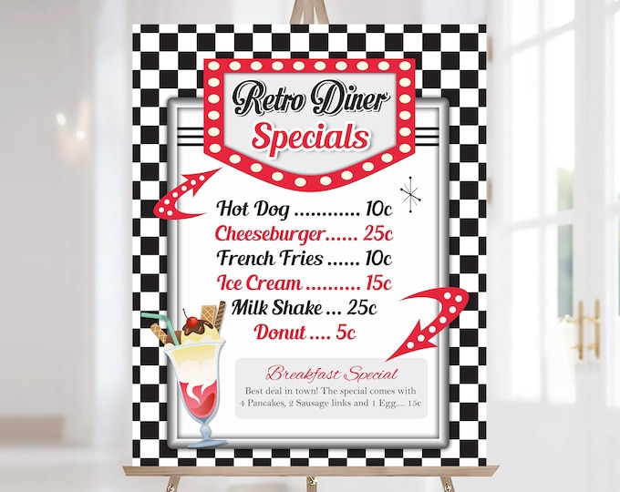 Personalized DINER 50's Food Menu Party PRINTABLE Rock'n'roll Sign Pop ...
