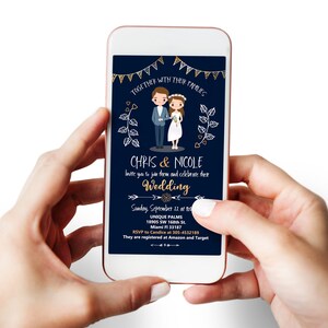 Digital Wedding Invitation, Cartoon Electronic Wedding Invitation, Navy ...