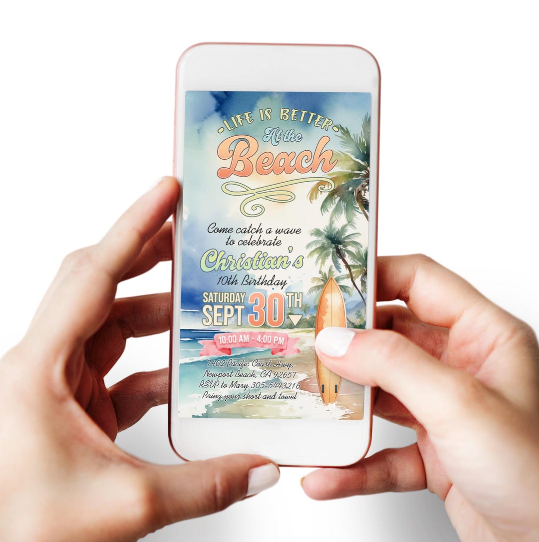 Surf Party Birthday Invitation – Tropical Beach Watercolor Digital ...