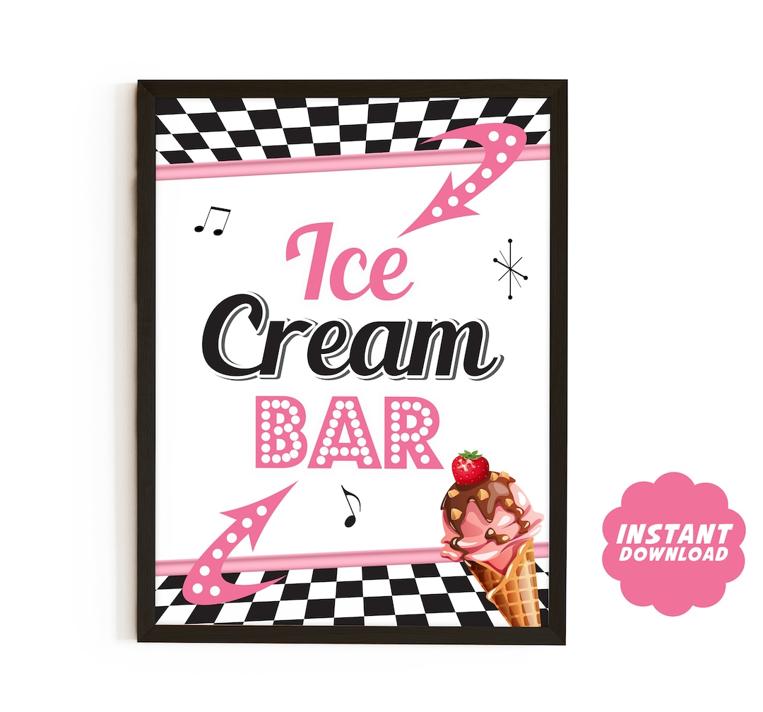 Ice Cream Bar Party Sign, 50s Sock Hop Party Decor, Ice Cream Bar ...