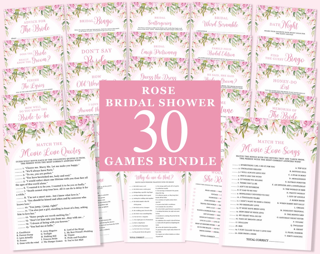 Rose Bridal Shower Games, 30 Games Printable Bundle Floral Bridal ...