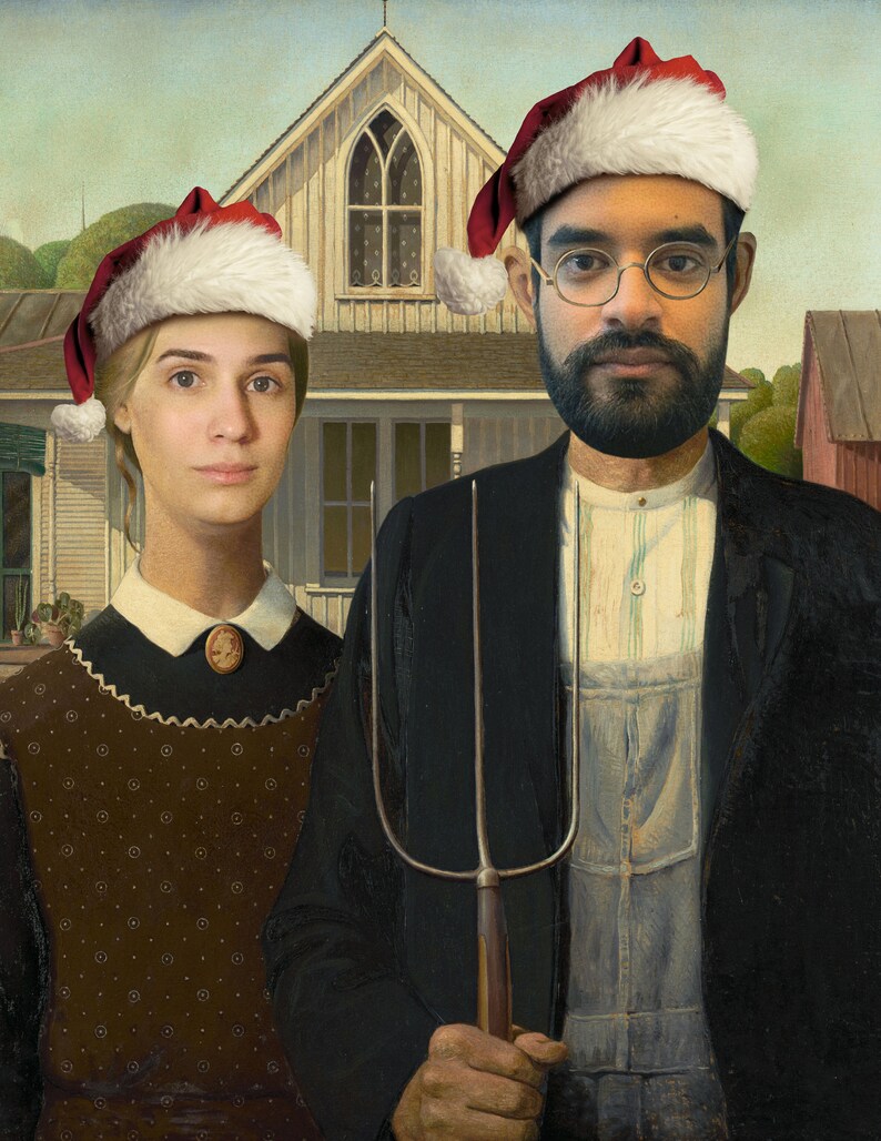 Christmas Gift, American Gothic Portrait With Santa Hats From Your ...