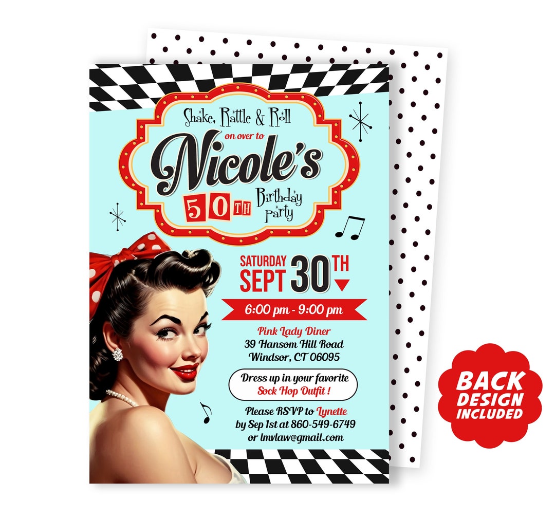 50's Sock Hop Invitation, 1950s Adult Birthday Party Invite, Retro Style Diner Pin up Flyer ...