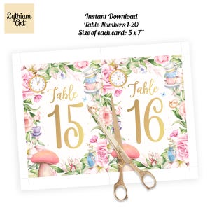 Alice in Wonderland Table Numbers, Printable 1 to 20 Cards, Wonderland ...