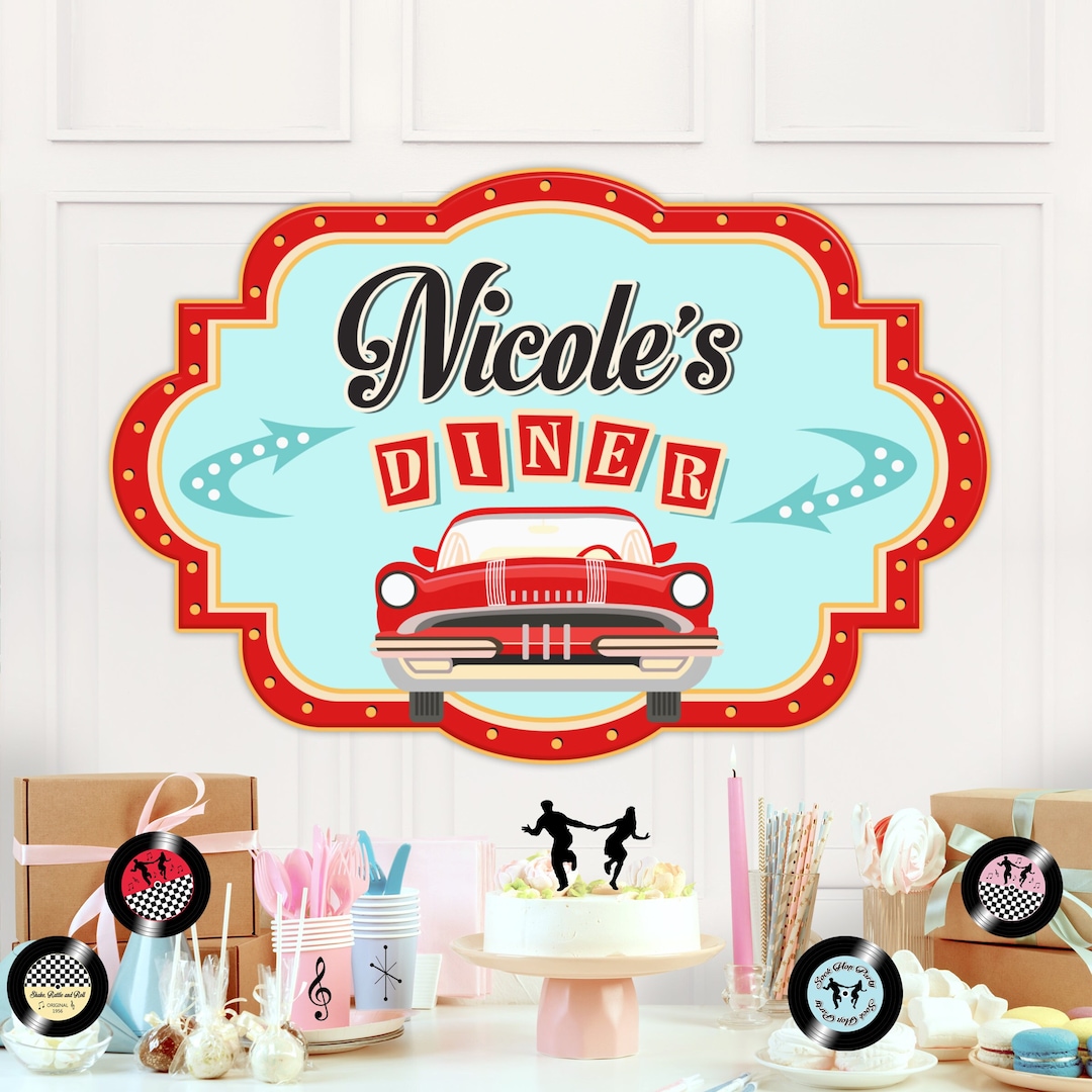 50s Sock Hop Party Sign, Personalized Vintage Diner Sign, Any Text ...