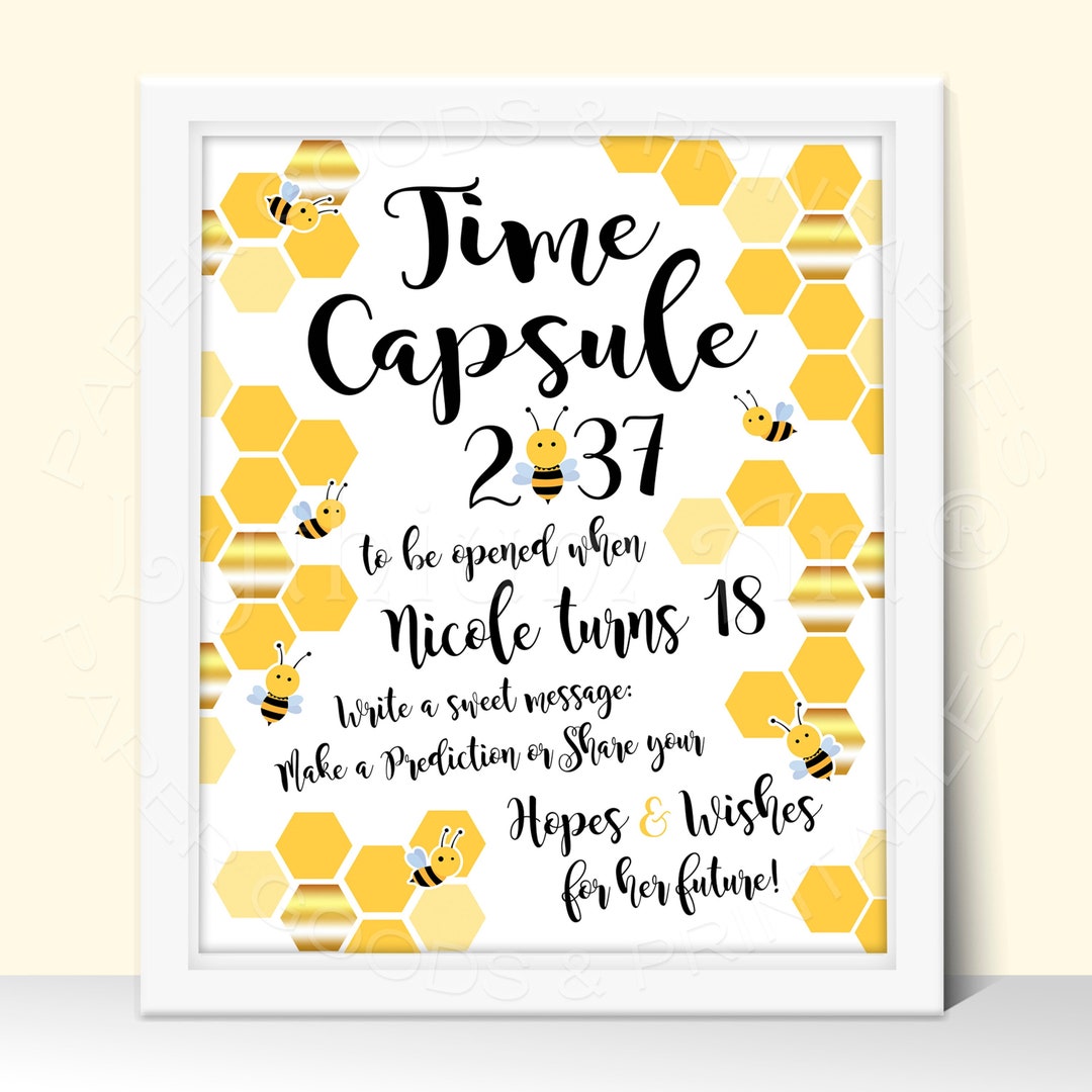 Bee Time Capsule First Birthday Matching Note Card, Printable & Personalized Time Capsule Sign ...