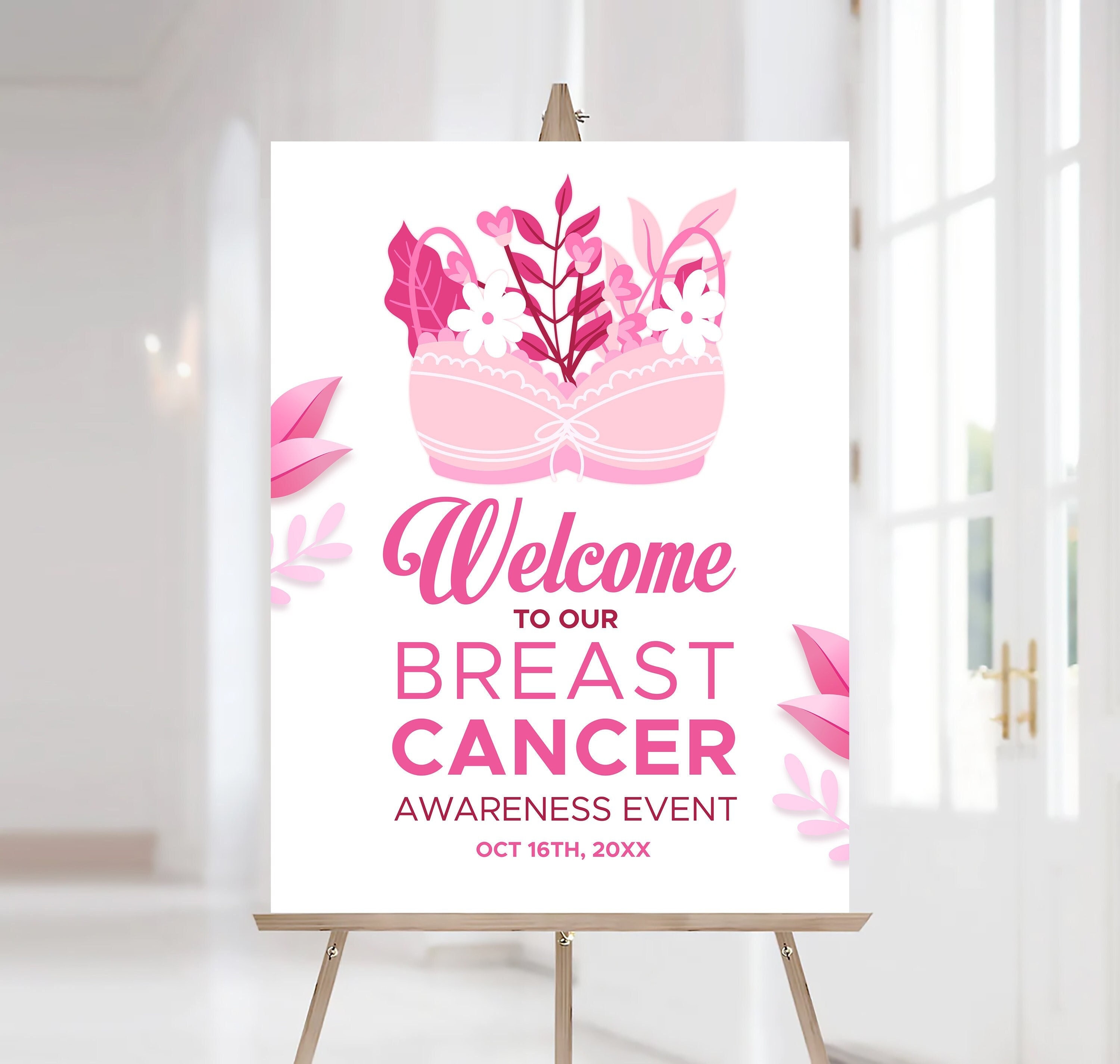 Breast Cancer Awareness Welcome Sign, Printable Pink Floral Bra Poster ...