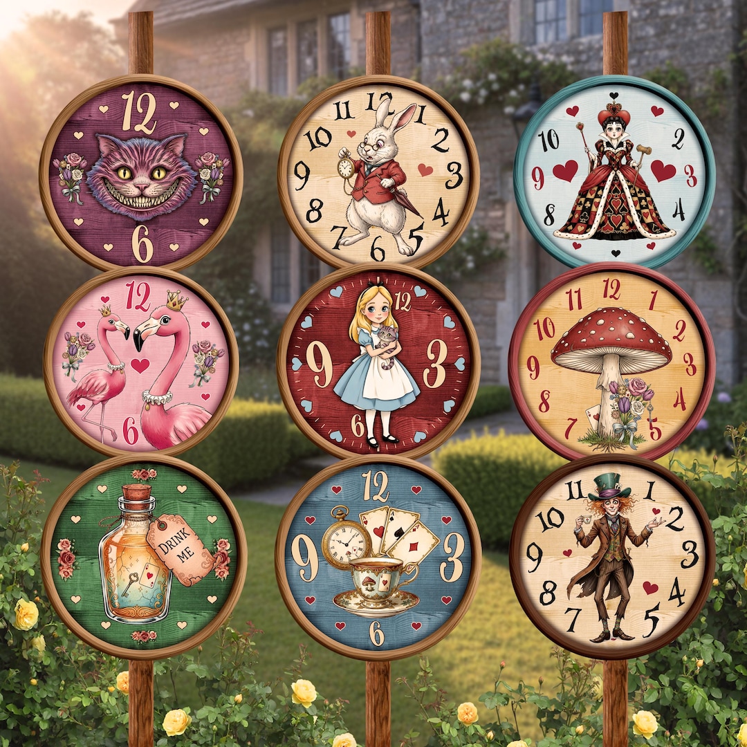 Alice in Wonderland Clock Bundle, PNG Printable Storybook Style Party ...