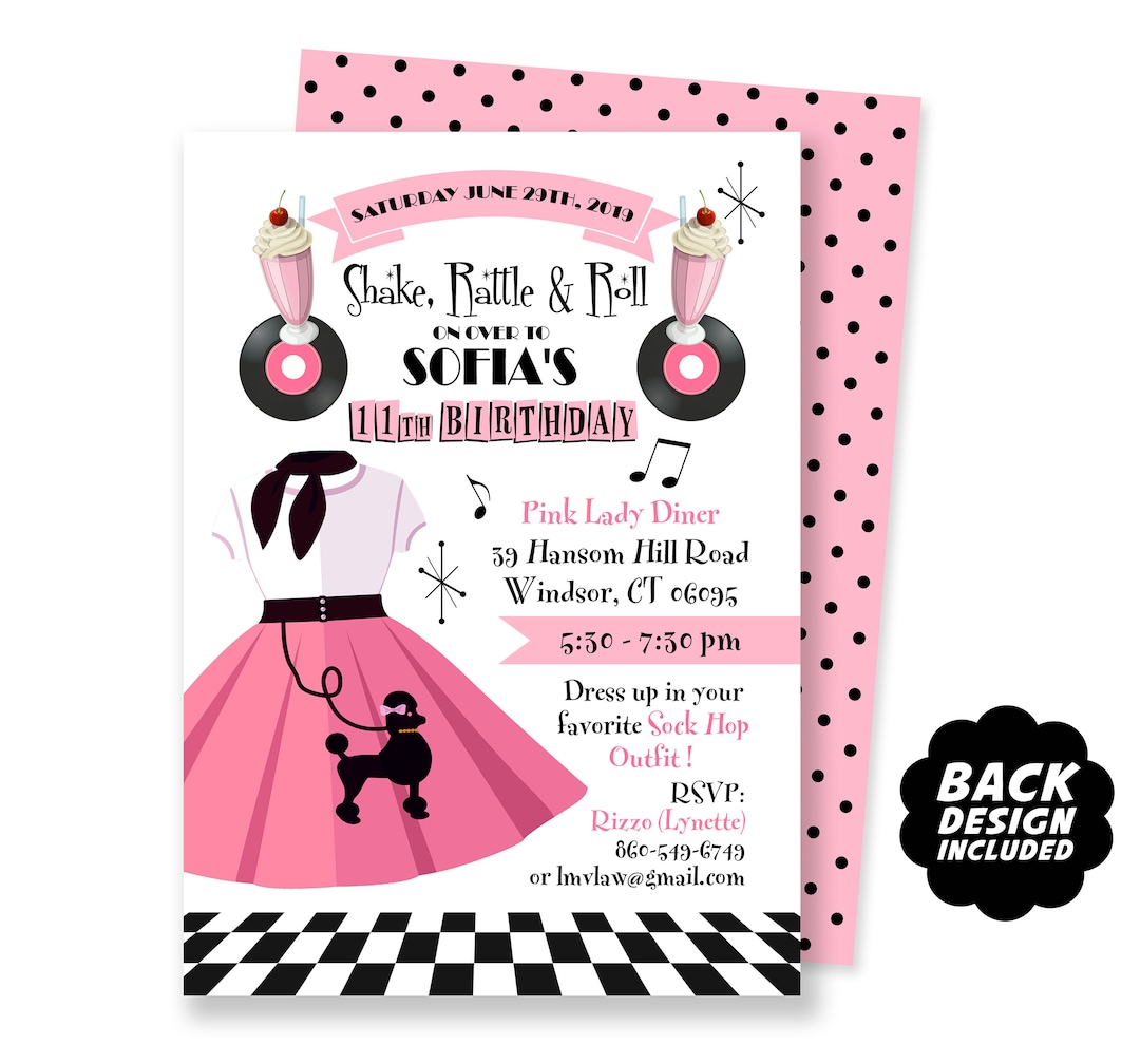 50's Sock Hop Invitation, Printable File + Back Design + Thank You Card ...