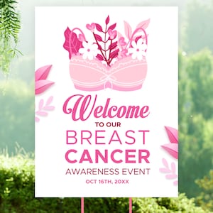 Breast Cancer Awareness Welcome Sign, Printable Pink Floral Bra Poster ...