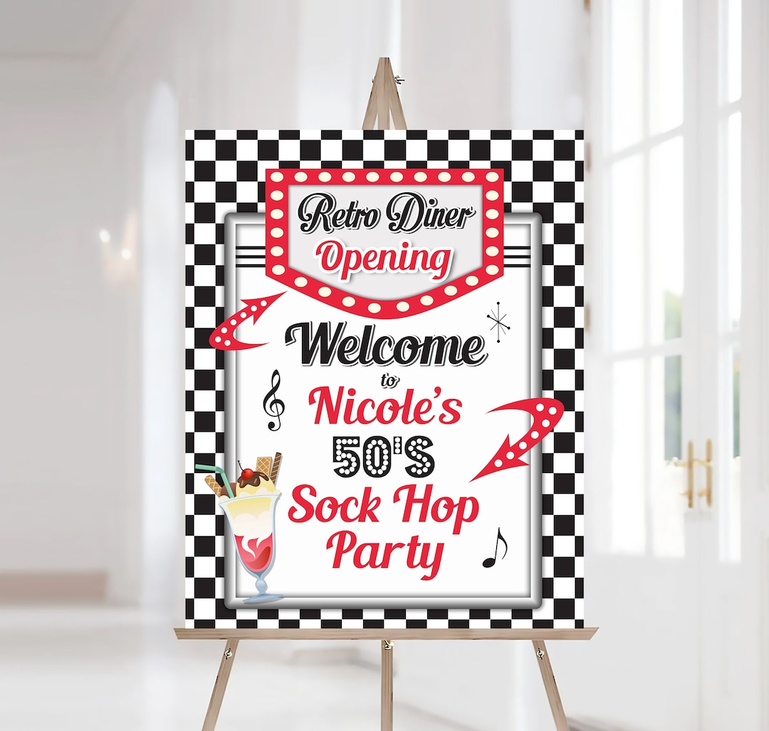 50s Sock Hop Party Welcome Sign, Personalized and Printable Birthday ...