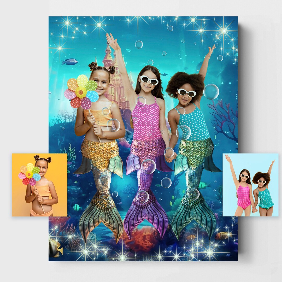 Three Mermaids Portrait From Photo, Digital Best Friends Print, Gift ...