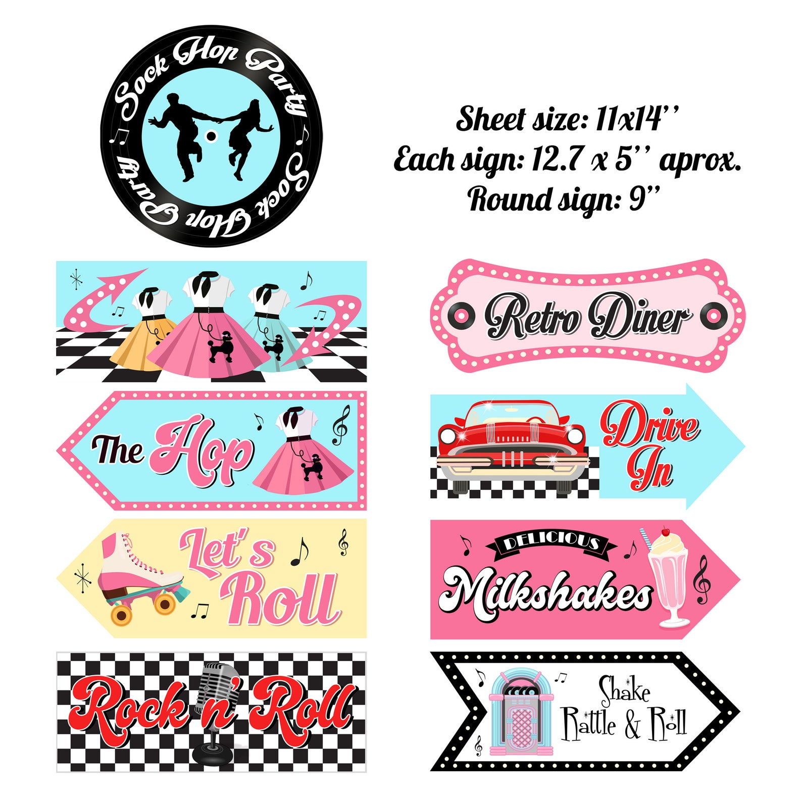 50s Sock Hop Party Signs, Instant Download, Colorful Retro 50s Room ...