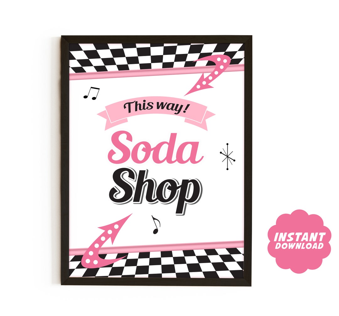 Printable Soda Shop Party Sign, 50s Sock Hop Party Decor, Soft Drinks ...