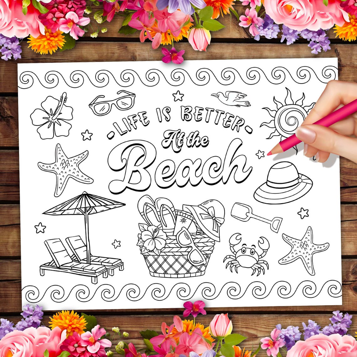 Summer Coloring Page for Kids, Printable Beach Activity Sheet, Instant ...