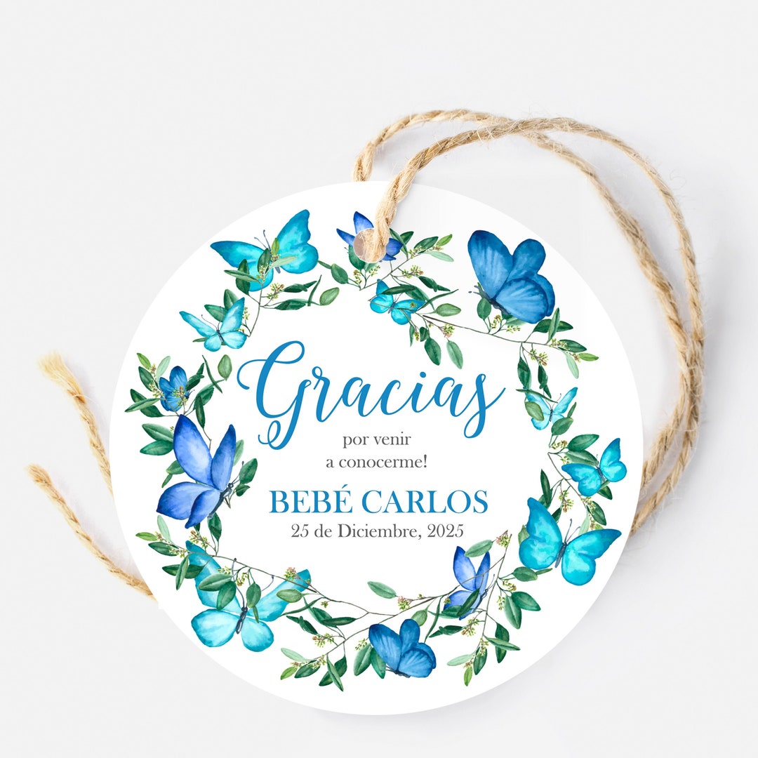 Blue Butterfly Favor Tag, Printable and Personalized Butterfly Sticker ...