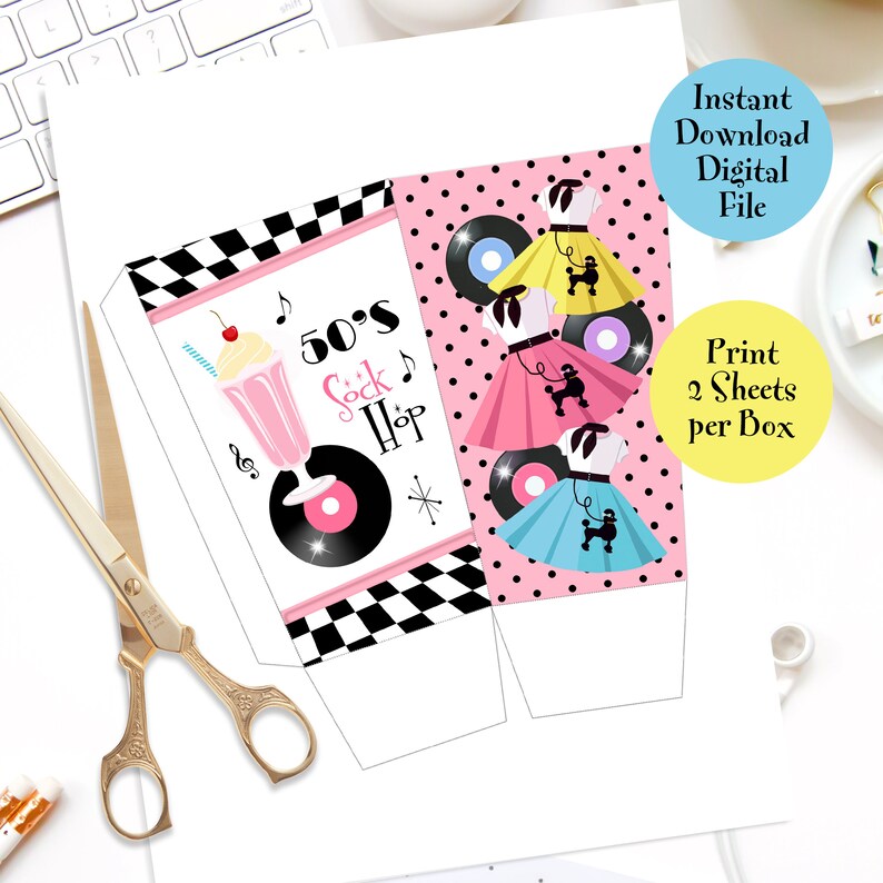 50s Sock Hop Popcorn Box, Instant Download, Printable Box for Sock Hop ...