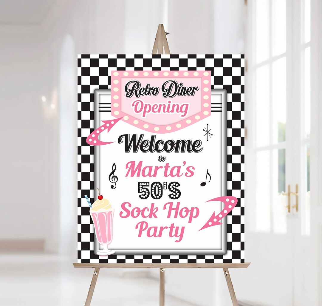 50s Sock Hop Party Welcome Sign, Personalized Birthday Sign, Any Text ...