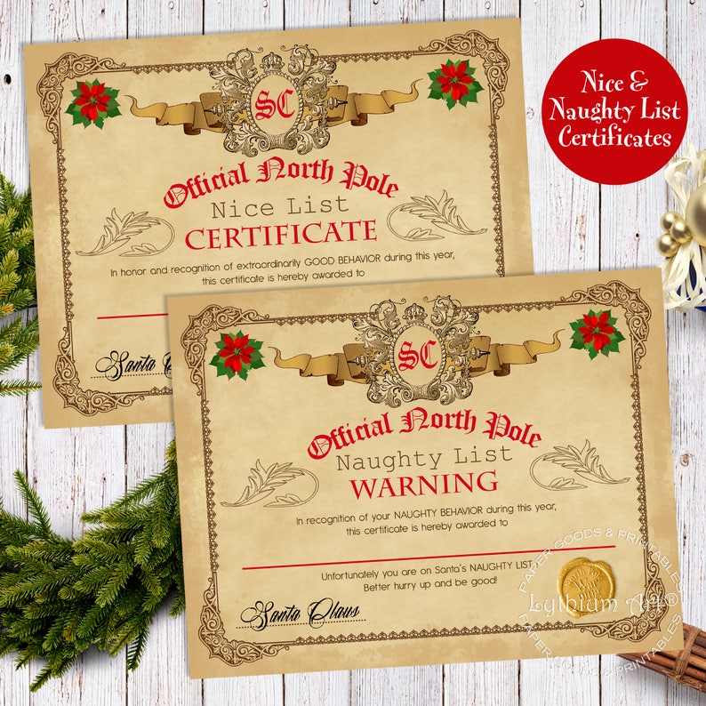 Santa Nice & Naughty List Certificate, Letter From Santa, Christmas ...