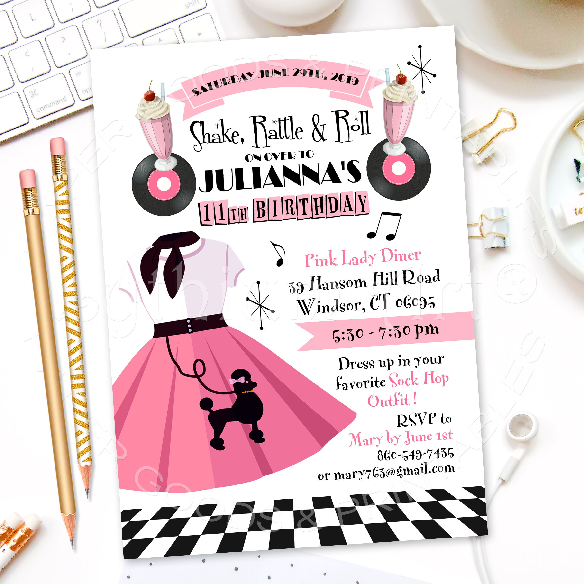 50's Sock Hop Invitation, Printable File + Back Design + Thank You Card ...