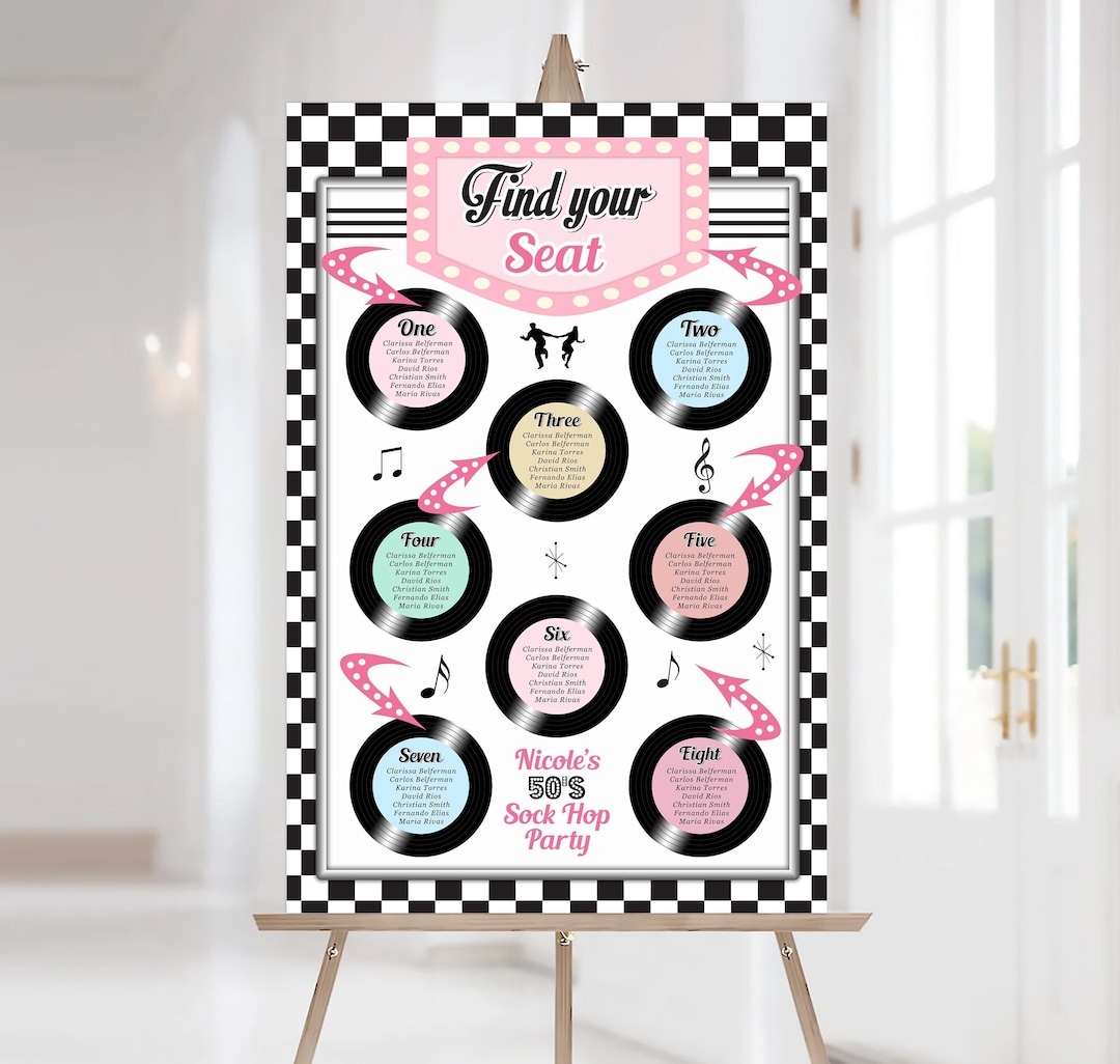 50s Sock Hop Party Seating Chart, Personalized 1950s Party Table Plan ...